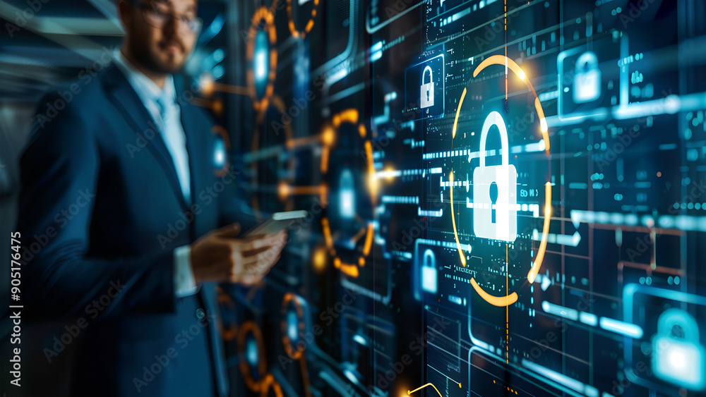 Businessman with virtual cyber security technology,Businessman ...