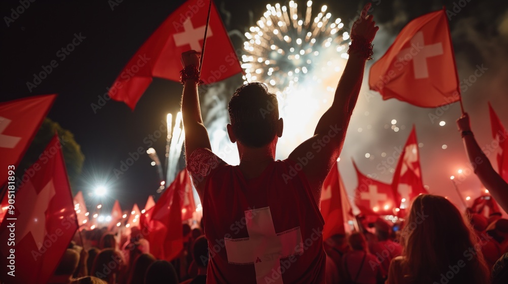People celebrating Swiss National Day with fireworks and festivities on ...
