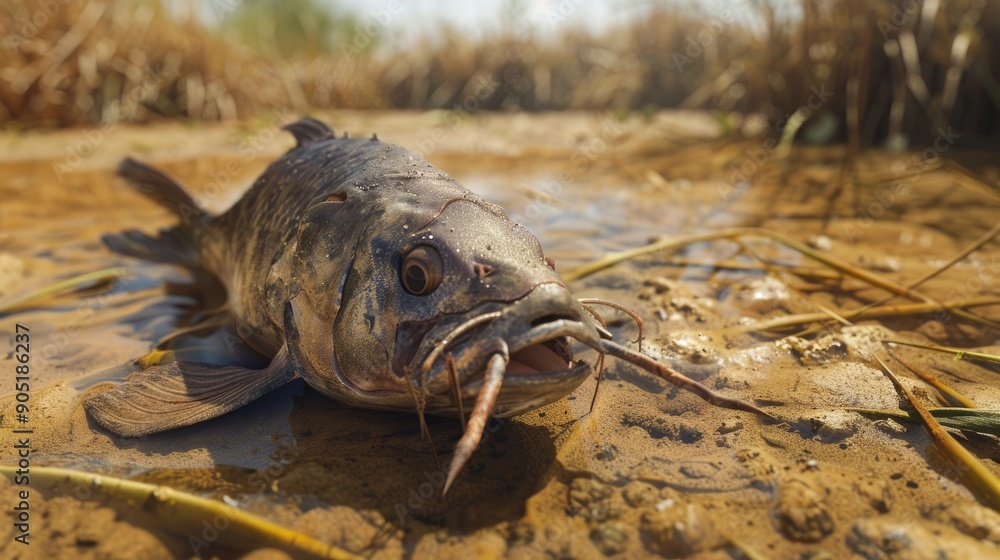 Rotten or dried Sucker or Armored Catfish on the bottom of dry river or ...
