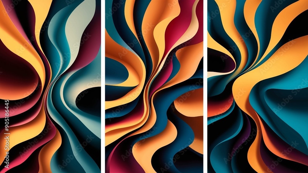 wall art vibrant abstract triptych with bold, flowing shapes and a dynamic color palette Stock ...