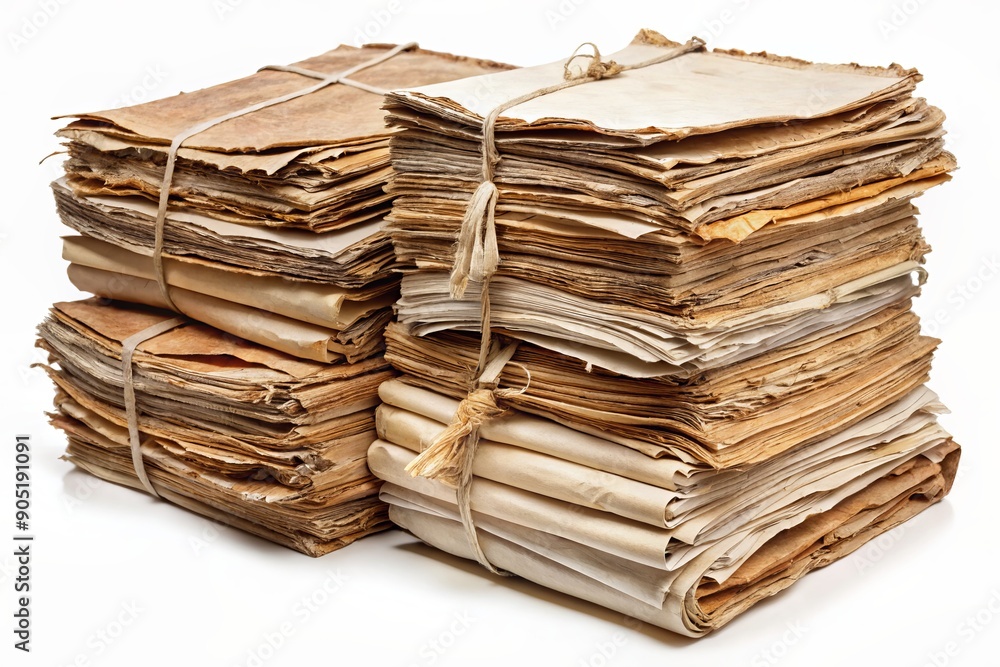 Retro-style two stacks of worn, torn, and creased blank documents with ...