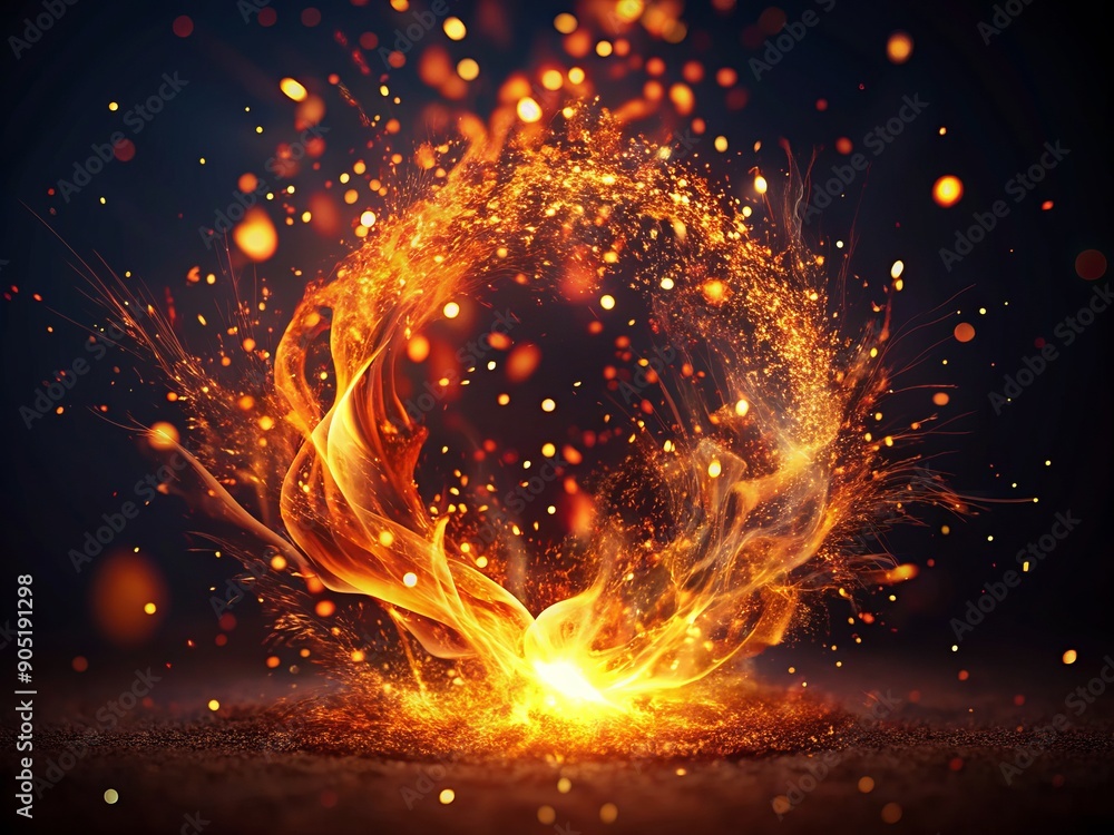 Vibrant abstract fire particles float and swirl on a dark background ...