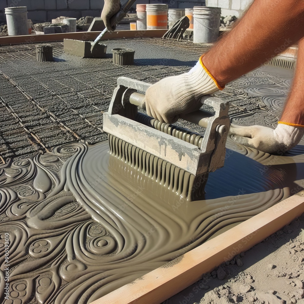 Liquid cement being applied to a concrete slab to create a stamp Stock ...