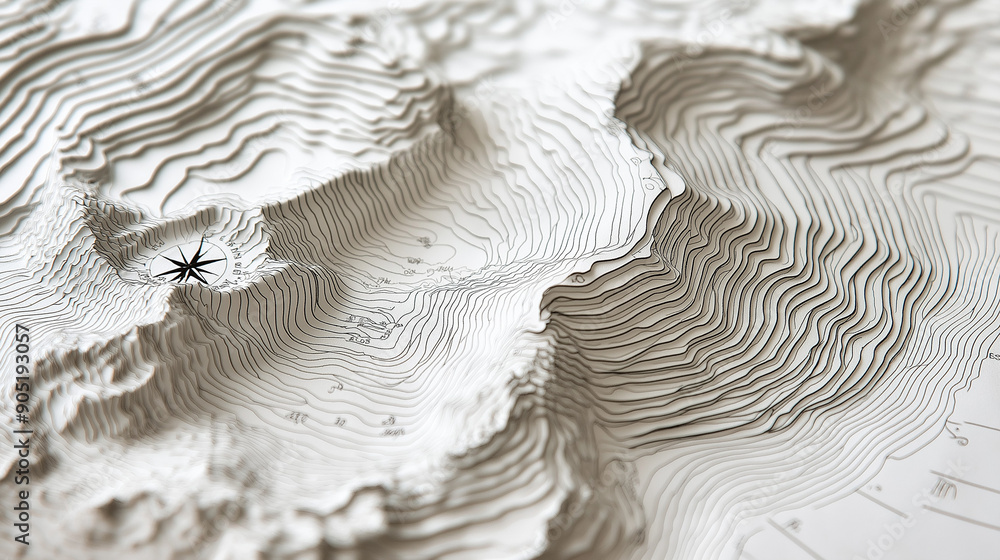 A topographic map with intricate contour lines. These lines depict the ...