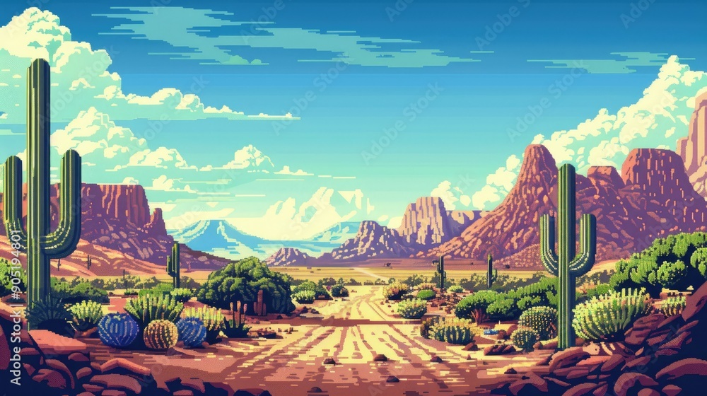 Retro 8-bit pixel art of a western desert road, with cacti and ...