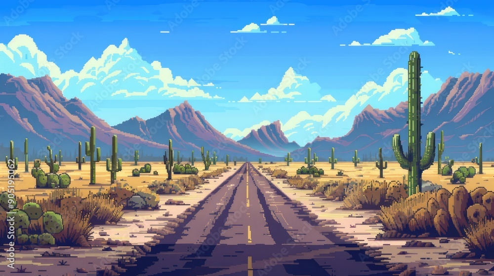 Retro 8-bit pixel art of a western desert road, with cacti and ...