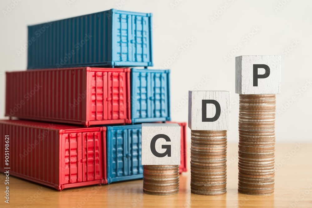 GDP word on stack coin as growth chart with cargo shipping containers ...
