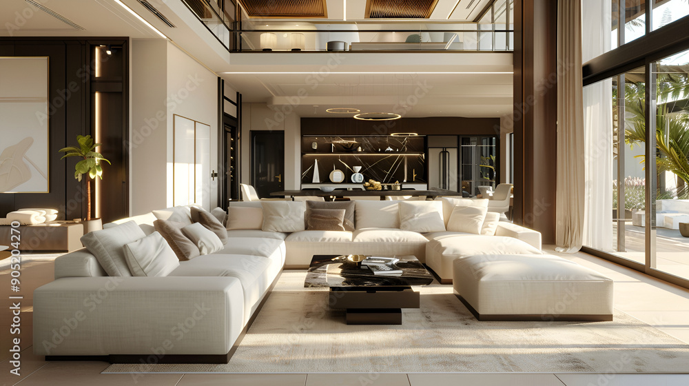 Light color interior of modern living room and kitchen with comfortable ...