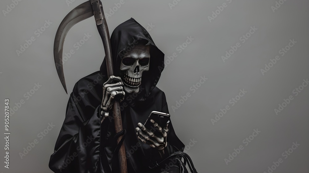 Awful grim reaper, with a scythe and wearing skeleton mask, uses a ...