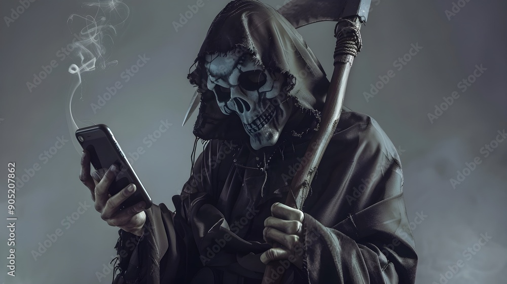Awful grim reaper, with a scythe and wearing skeleton mask, uses a ...