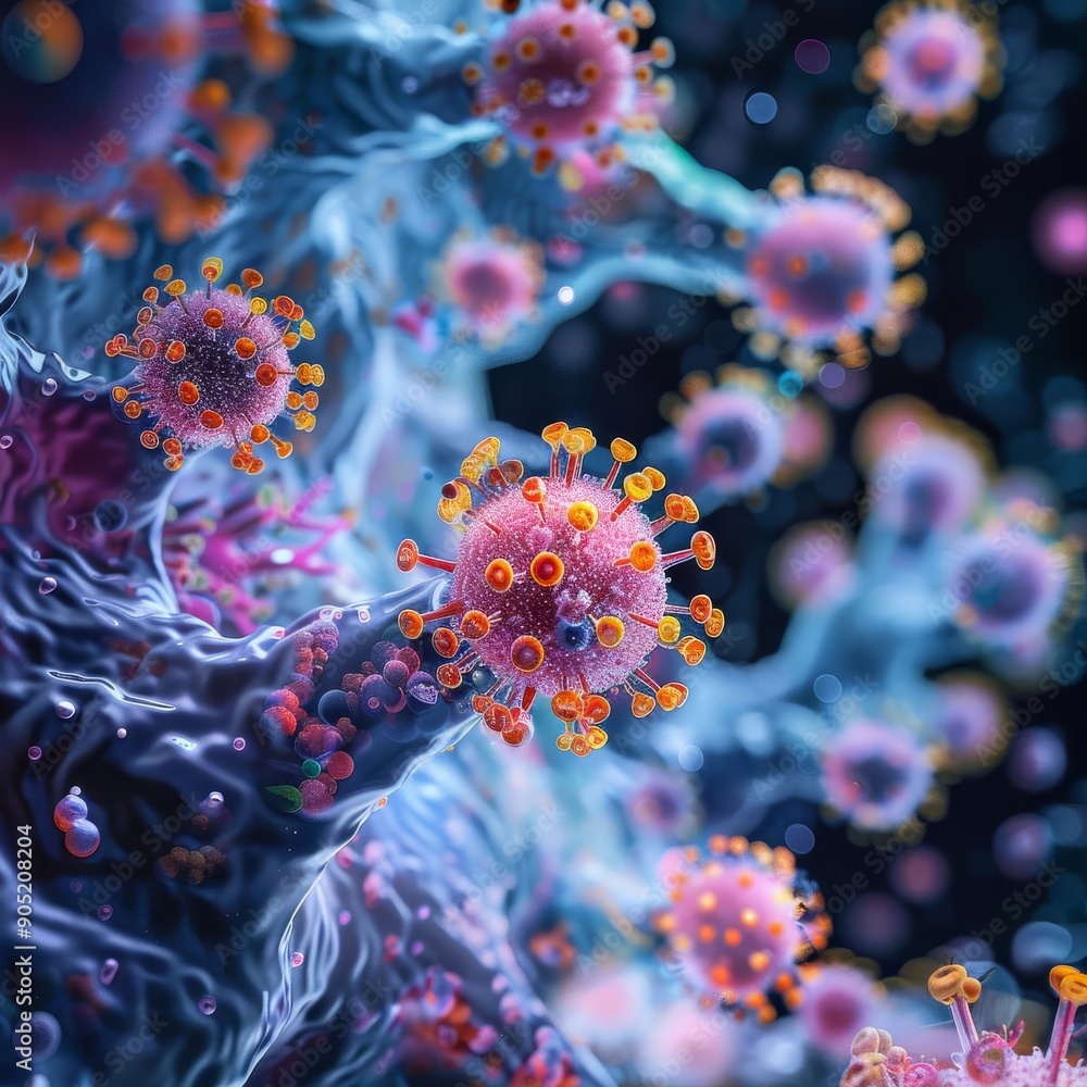 Close-up illustration of a virus particle structure in a dark ...