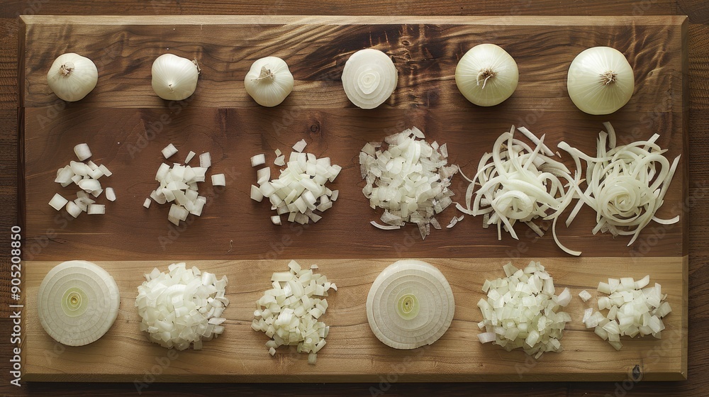 Different cuts of onions on wood board Photo show different onion cuts ...