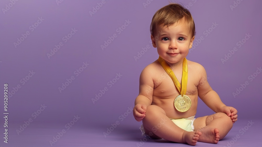 A 1-year-old boy in a diaper with a gold medal around his neck sits on ...