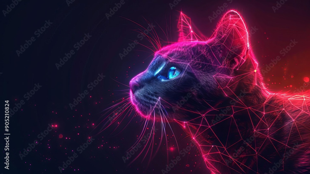 Digital neon cat art with vibrant colors and geometric patterns ...