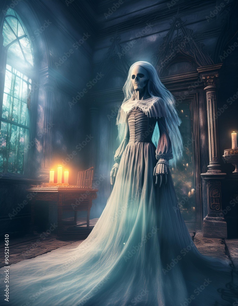A Victorian-era ghost girl with long, flowing white hair and hollow ...