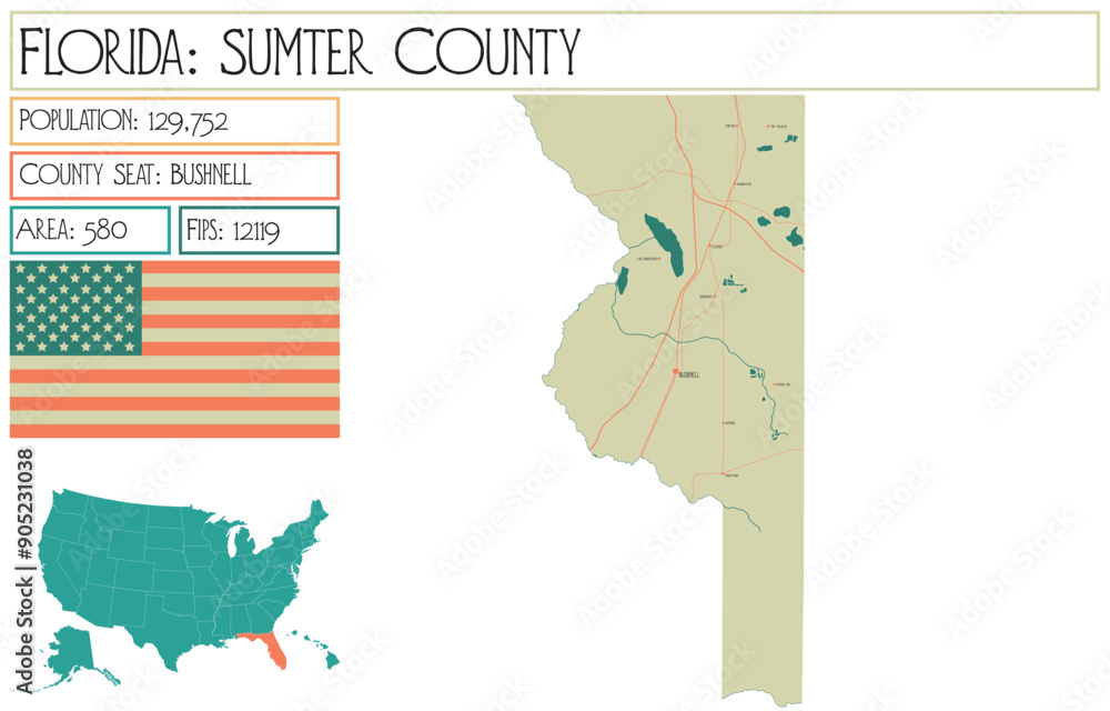 Large and detailed map of Sumter County in Florida USA. Stock Vector ...