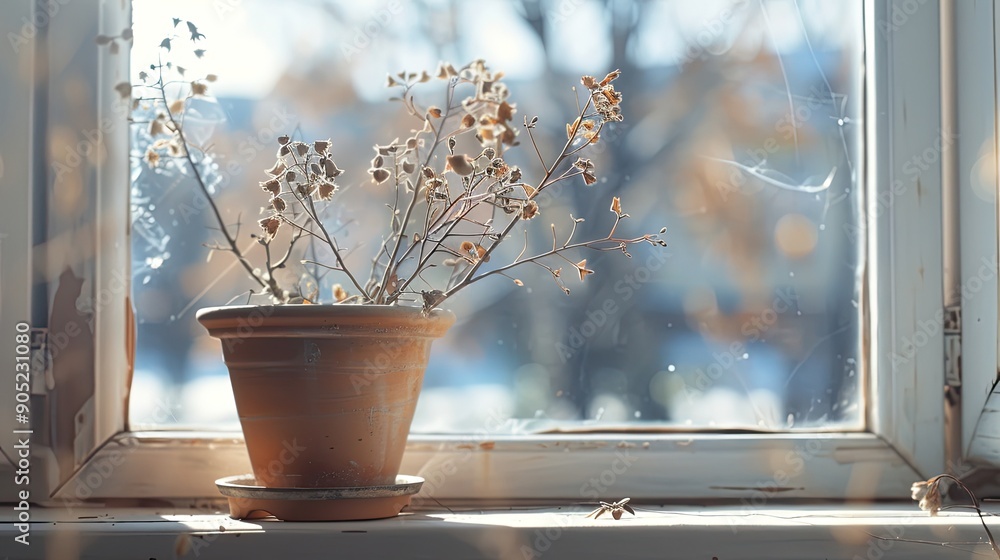 Withered houseplants Dead plants in a pot on the windowsill of a window ...