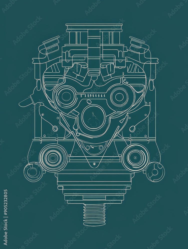 This image shows a detailed line drawing of a car engine. It depicts ...