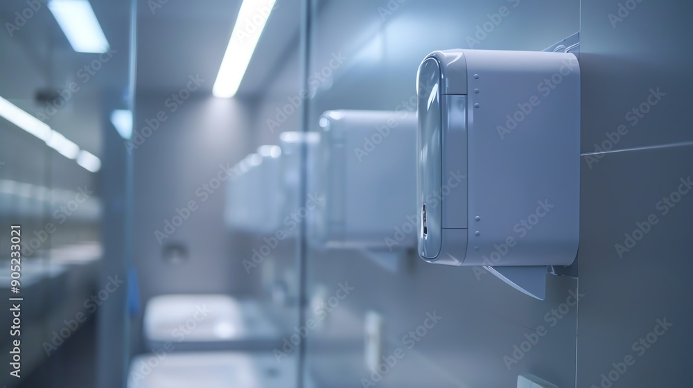 Modern public restroom with automated hand dryers and sink area. Sleek ...