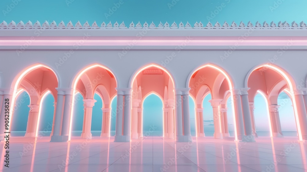 Urban mosque with detailed carvings and patterns, illuminated by neon ...