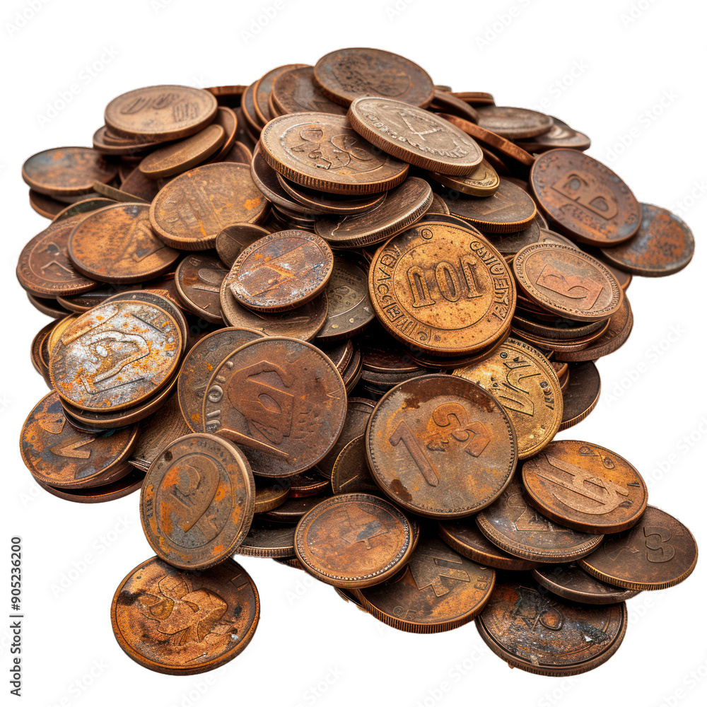 Pile of old rusty coins is lying on a white background showing the ...