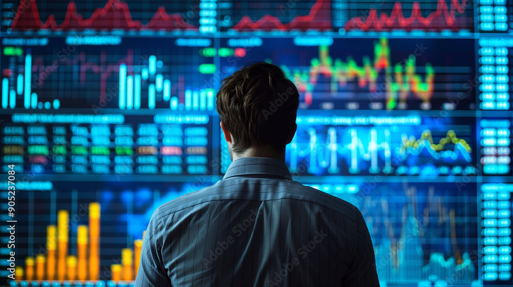 Businessman determining next investment trade at a bank office using ...