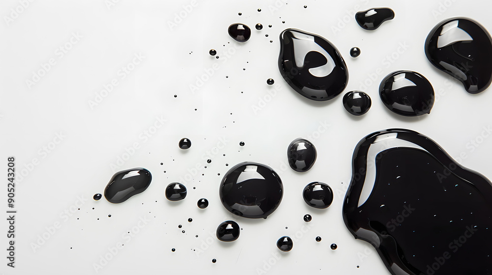 Drops and stains of black oil liquid top view on white background. Soy ...