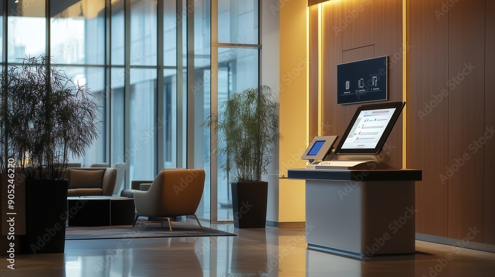 Modern Office Reception: Digital Check-In Kiosk in Contemporary Lobby ...