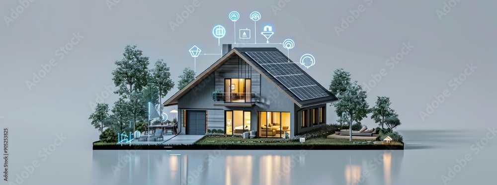 Modern smart home powered by renewable energy, featuring solar panels ...