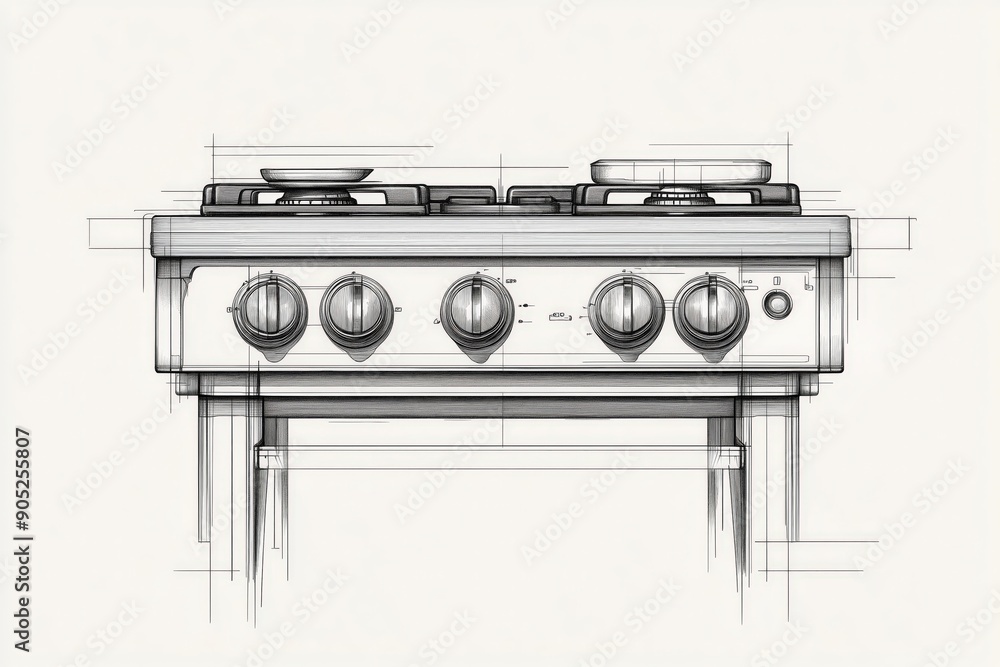 Line art cross-section of a gas stove, [Gas Stove], [Kitchen Appliance ...