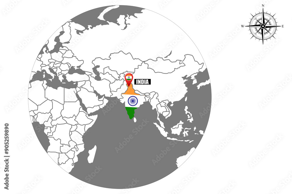 Black and Grey World Map Chart with India flag.India flag on world map ...