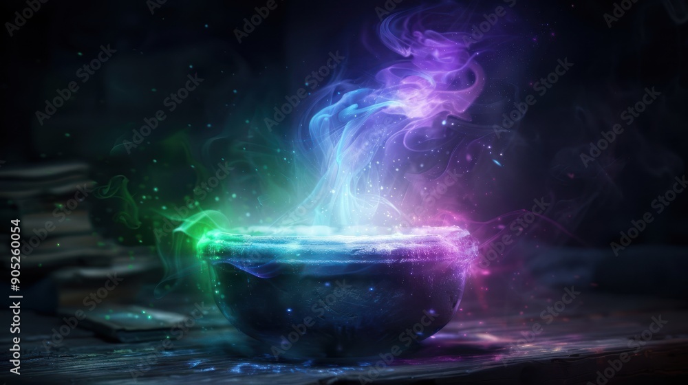 A witch's lair with a bubbling cauldron, floating spell ingredients ...