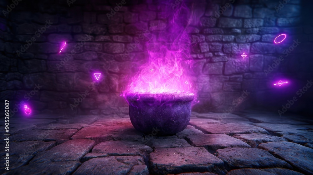 A witch's lair with a bubbling cauldron, floating spell ingredients ...