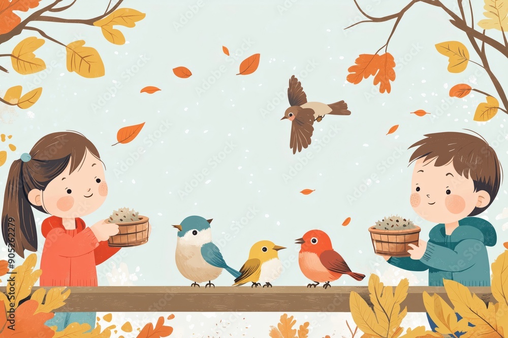 Basic illustration of children making bird feeders, [Wildlife ...