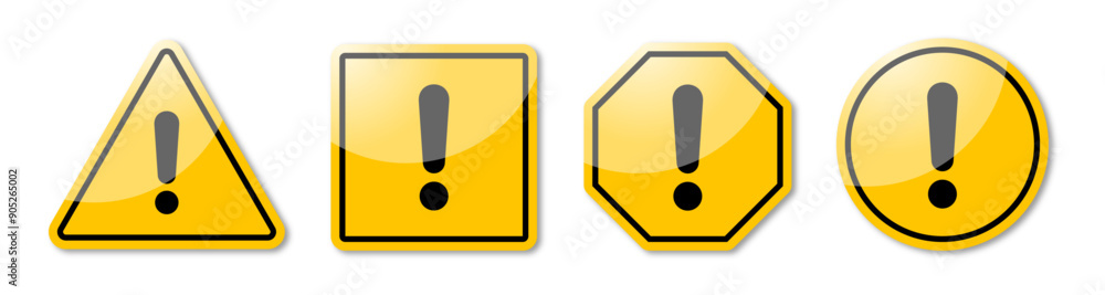 Hazard symbol in yellow color with exclamation symbol in shiny glossy ...