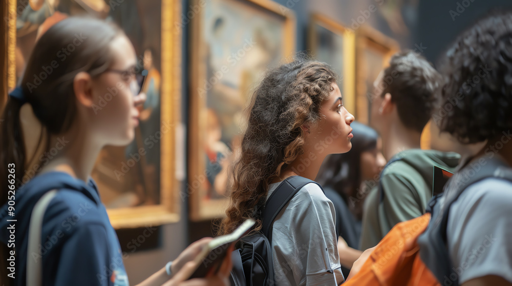 Group of young people attentively observing paintings in a museum ...