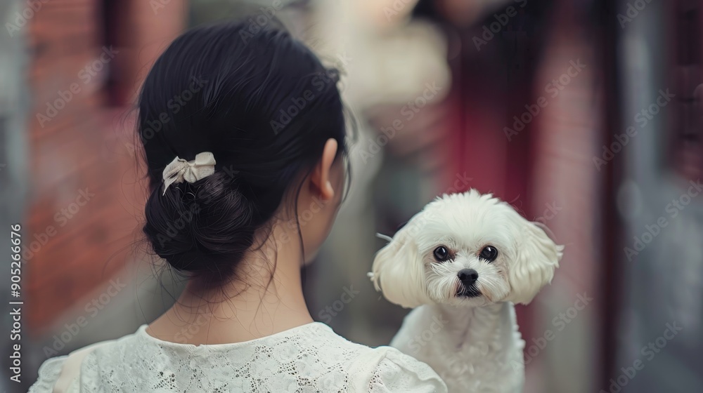 Caring asian woman carrying an adorable white Maltese dog, woman's hair ...