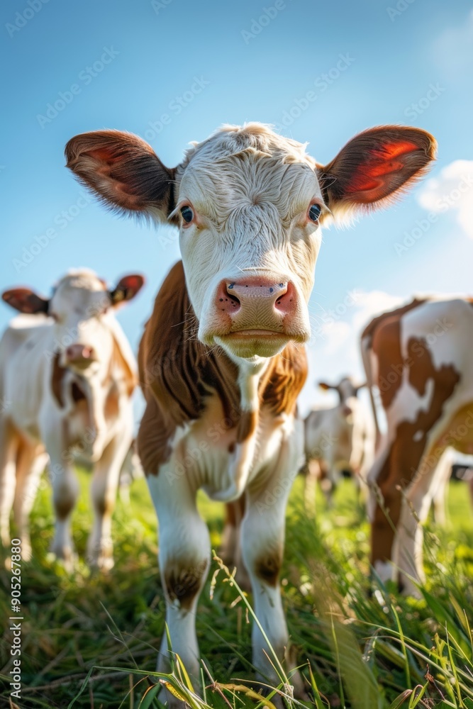 Herd of cows munching and grazing in the sun for agriculture, beef, and ...