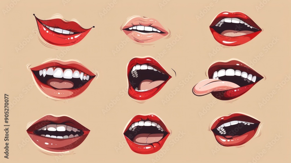 Collection of vibrant red lips expressing various emotions and actions ...