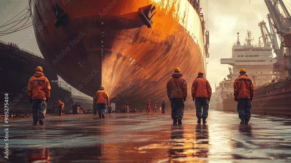 Hyper-realistic scene of shipyard workers assembled in front of a huge ...
