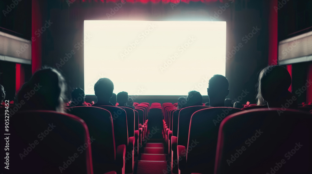 Audience in a dimly lit movie theater, all eyes fixed on the brightly ...