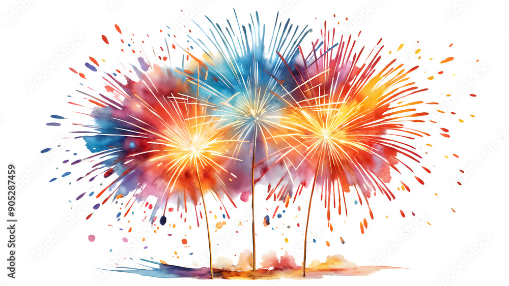 Set of watercolor fireworks elements set isolated on transparent ...