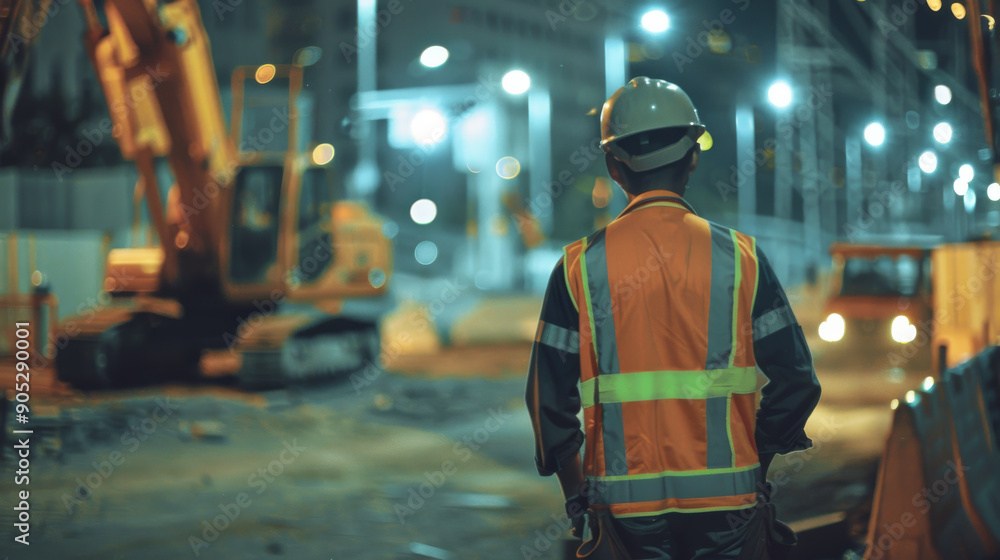 A construction worker in a reflective vest and helmet observes a ...