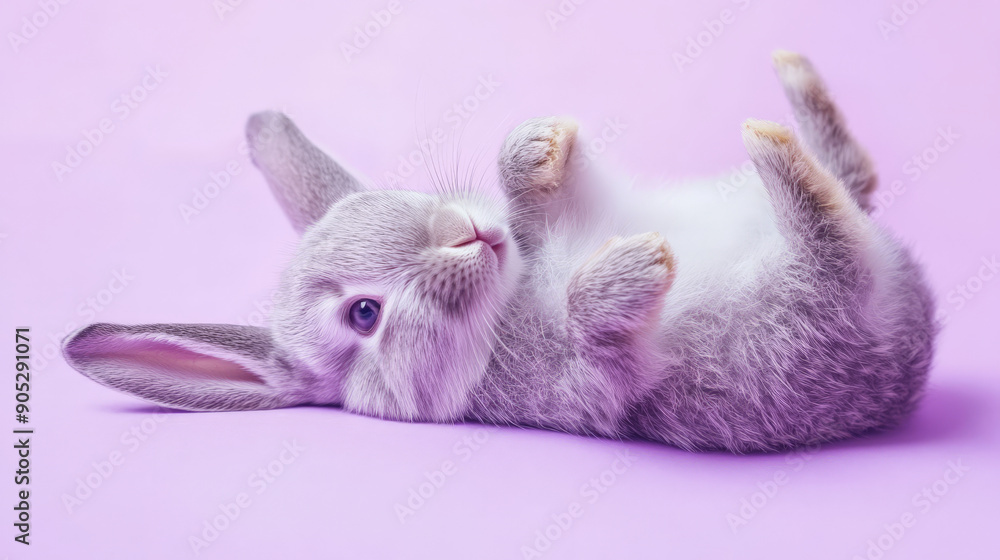 A cute rabbit lying on its back on a pastel purple background. The soft ...