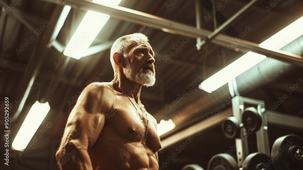 An older man with a muscular physique stands in a dimly lit gym ...