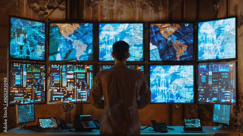 A person stands before an array of computer screens, immersed in a high ...