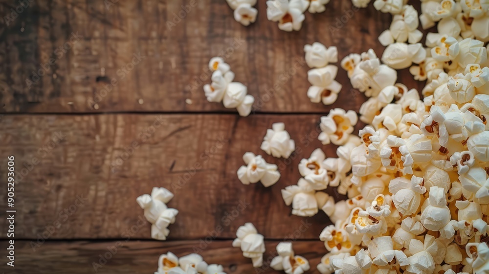 Beautiful banner with popcorn on a wood table background and space for ...