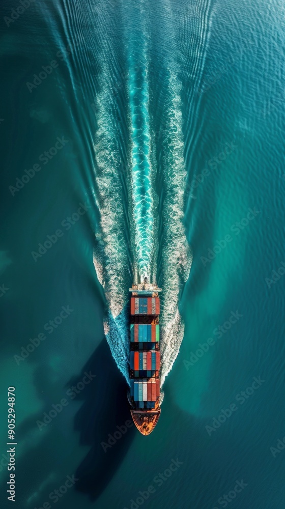 A container ship sails across the water, creating wave patterns. The ...