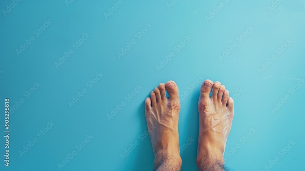 Image: two bare feet on a blue floor. Tranquil and simple setting with ...