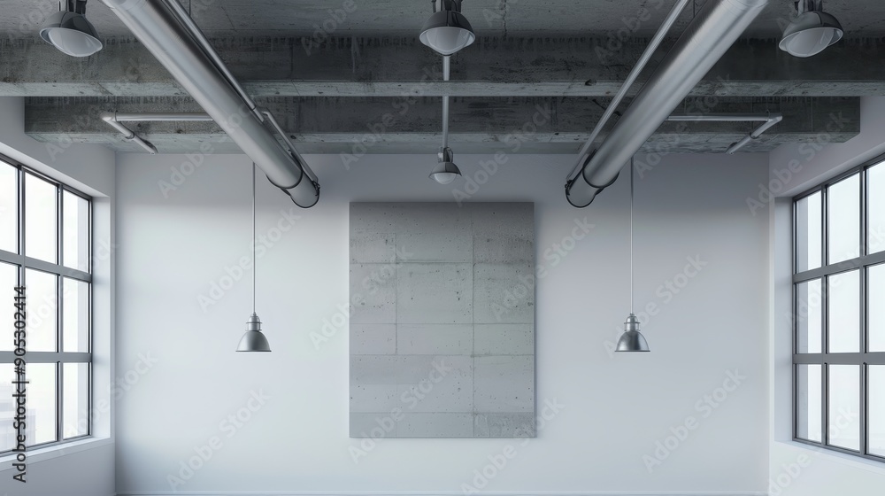 ภาพประกอบสต็อก Industrial loft ceiling with visible pipes and metalwork ...